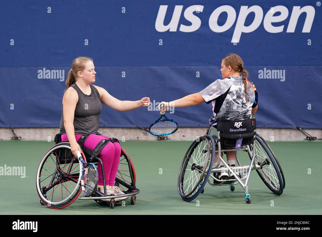 Ruby Bishop and Lily Lautenschlager react during a junior wheelchair ...