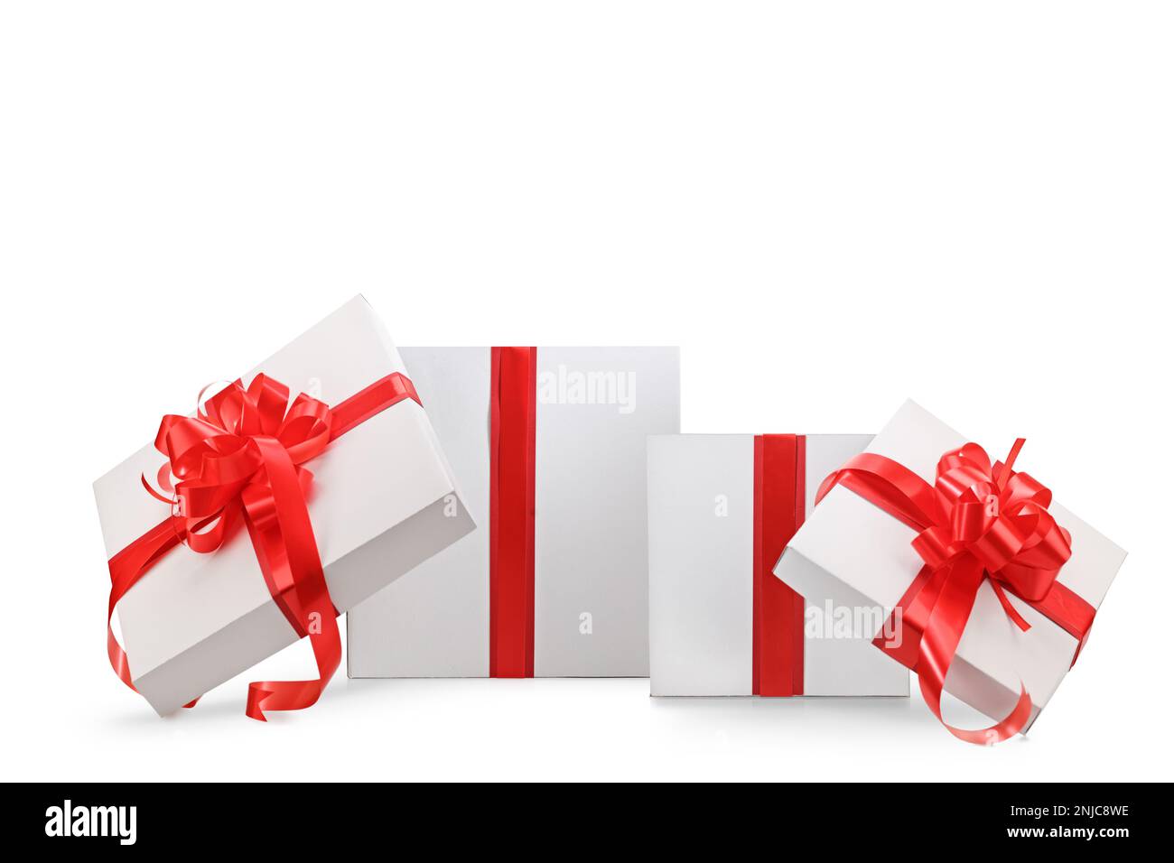 Two open gift boxes with red ribbon isolated on white background Stock ...