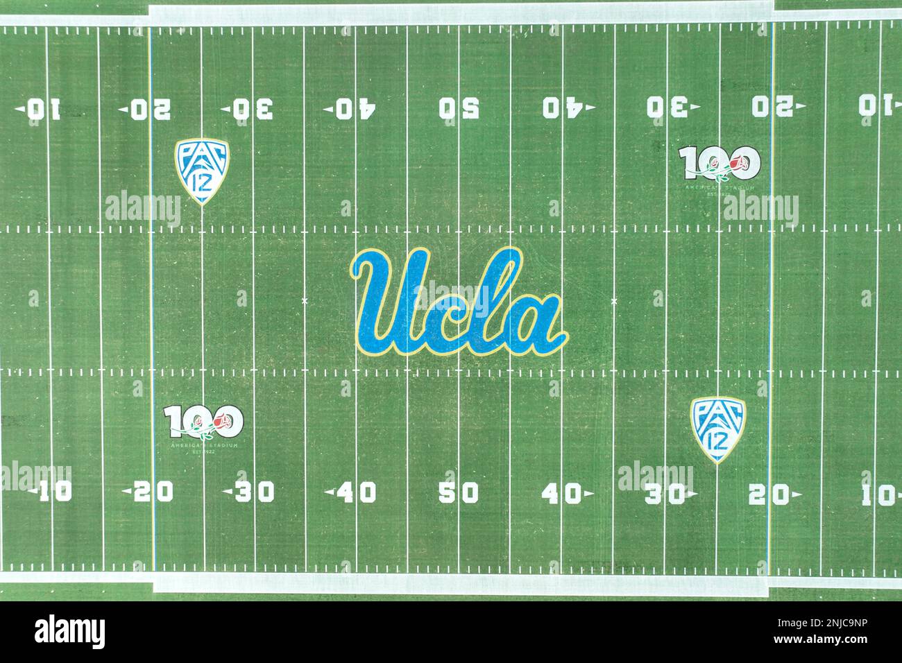 A general overall aerial view of the Rose Bowl Stadium football field ...
