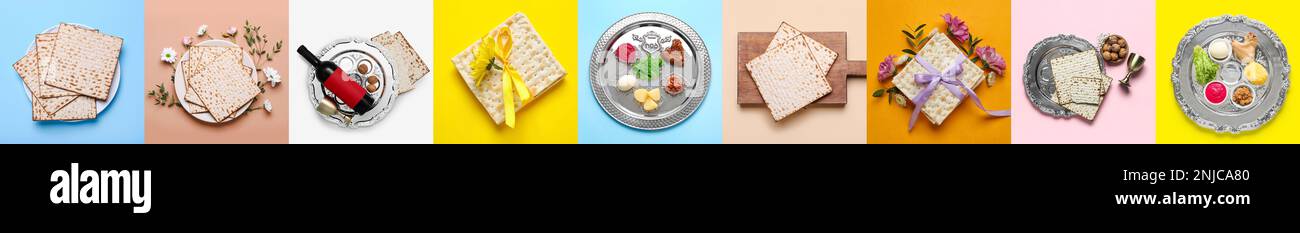 Collage with Jewish flatbread matza and Passover Seder plates on color ...