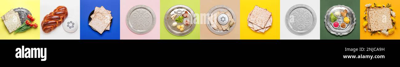 Collage with Jewish flatbread matza and Passover Seder plates on color ...