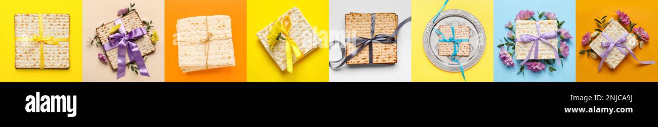 Collage with Jewish flatbread matza, flowers and Passover Seder plate ...