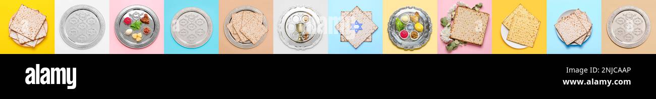 Collage with Jewish flatbread matza and Passover Seder plates on color ...