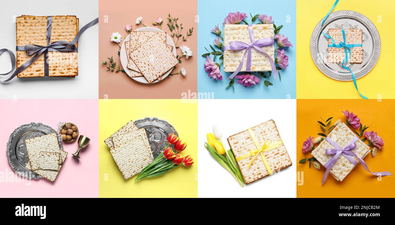 Collage with Jewish flatbread matza, Passover Seder plates and flowers ...