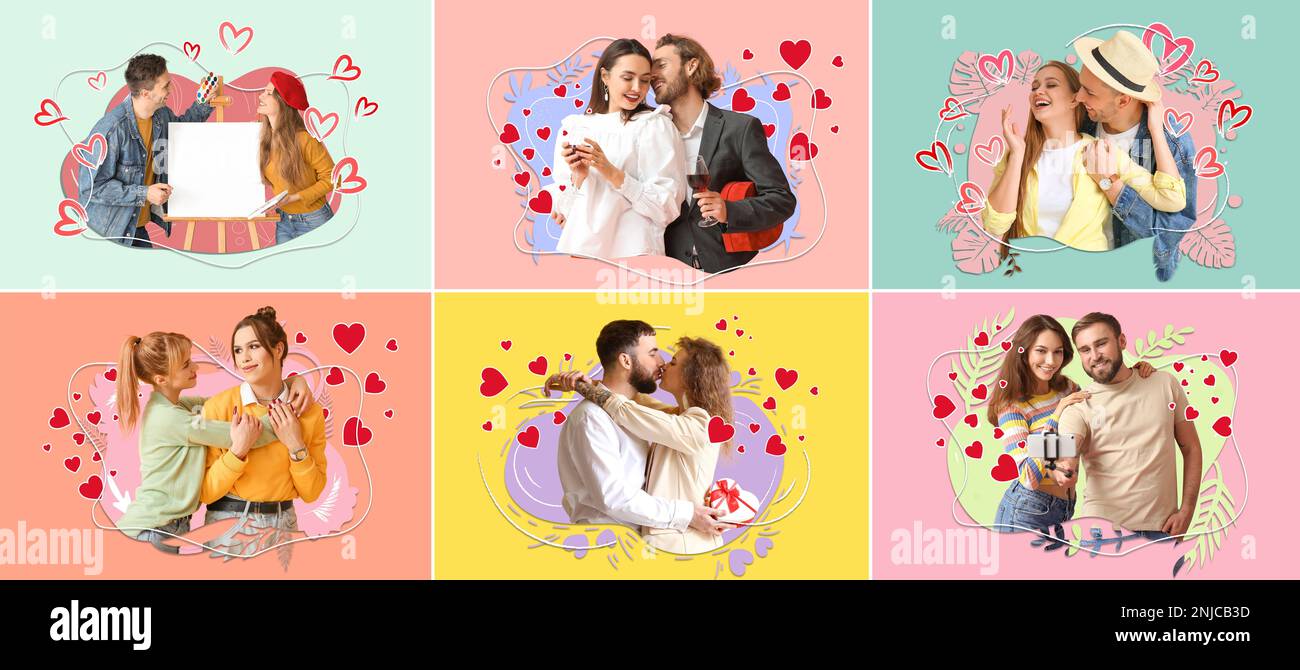 Collage with happy couples in love on color background. Valentine's Day ...