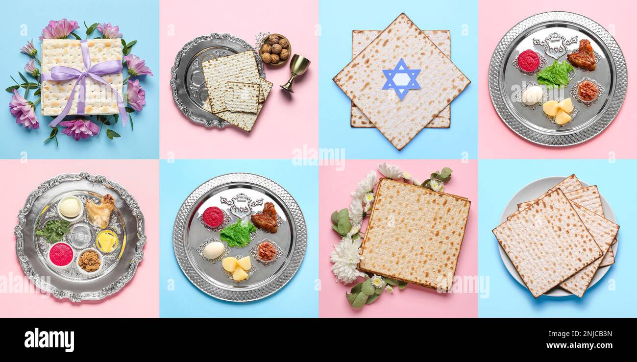 Collage with Jewish flatbread matza and Passover Seder plates on color ...