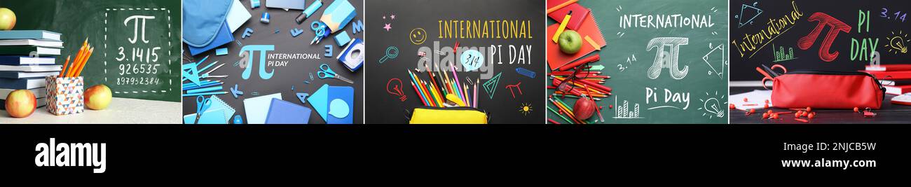 Collage with school stationery and blackboards in classroom ...