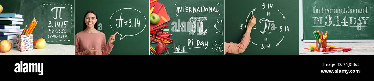 Collage with school stationery and blackboards in classroom ...