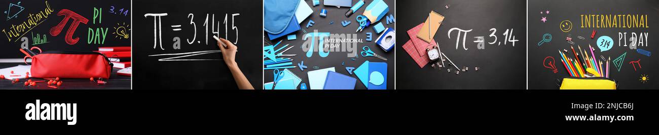 Collage with school stationery and blackboards. International Pi Day ...