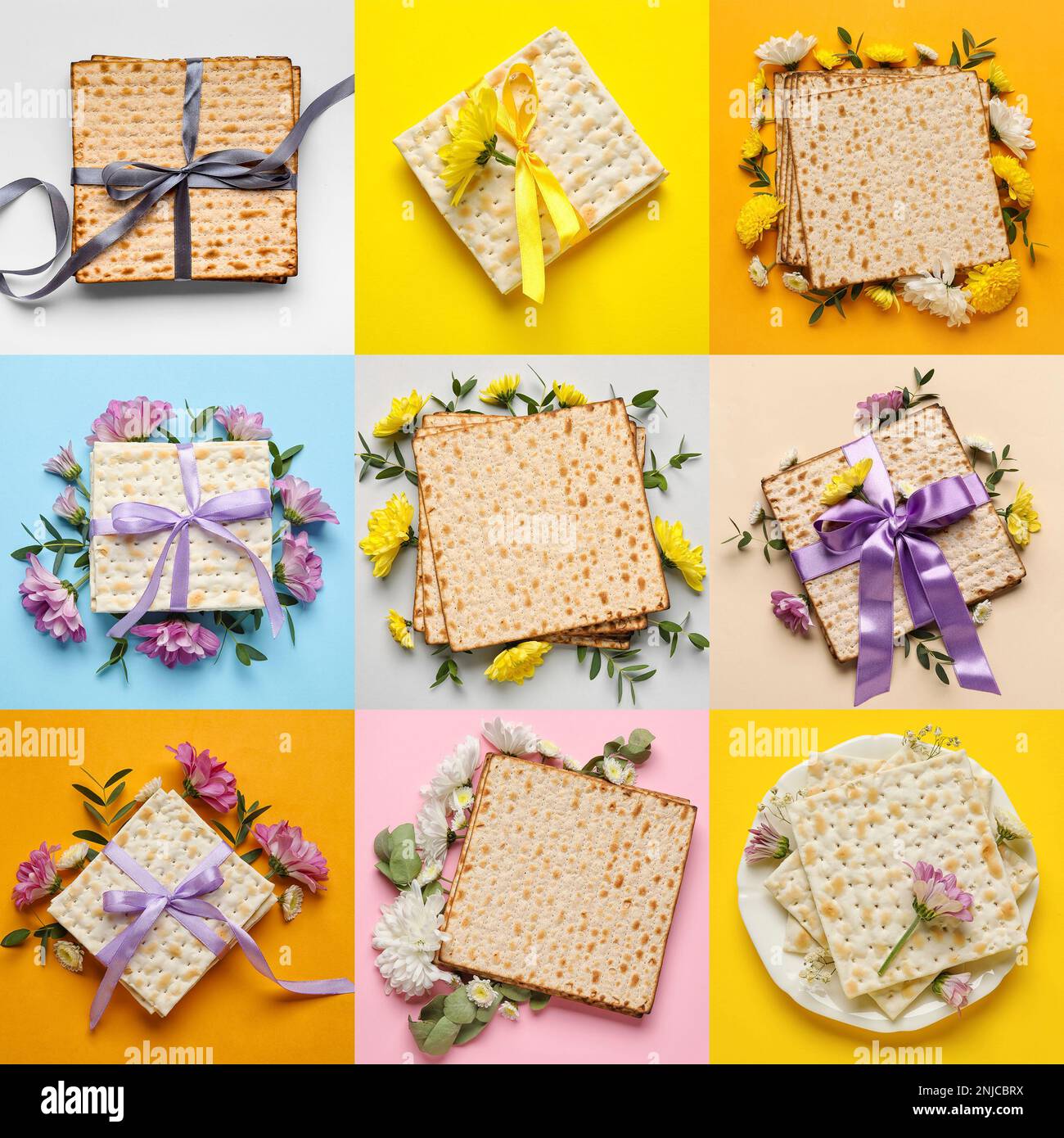 Collage with flatbread matza on color background Stock Photo - Alamy