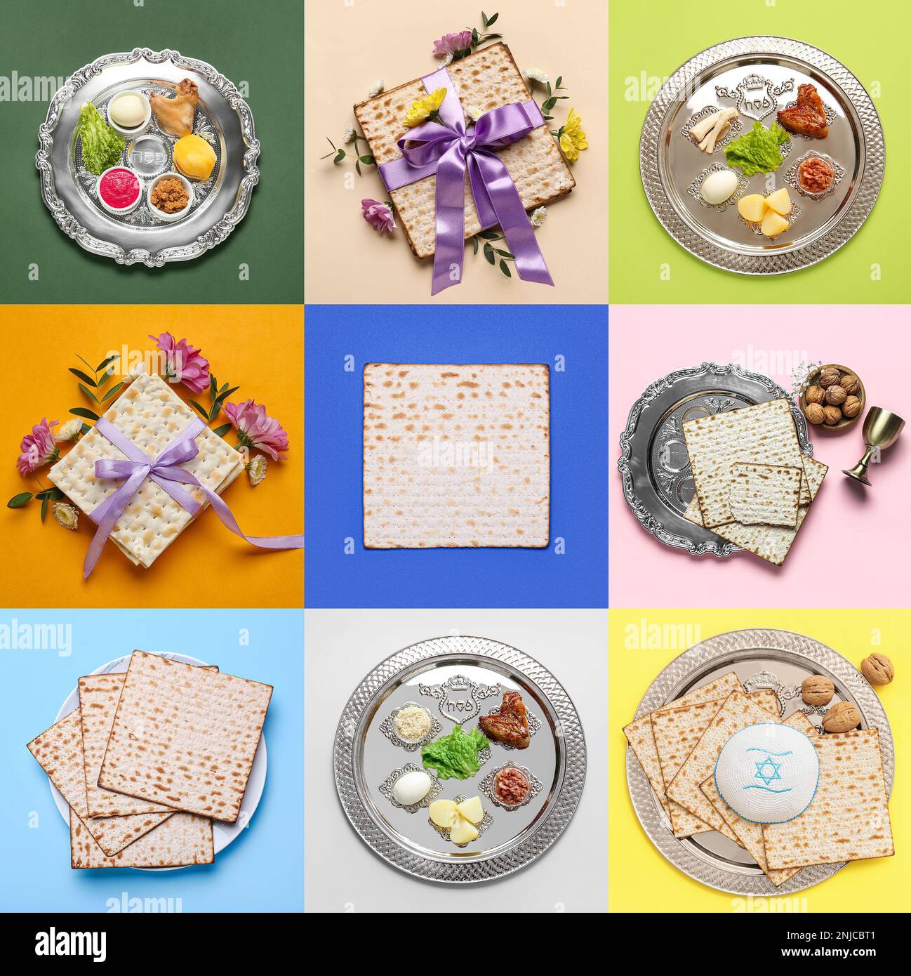 Collage with Passover Seder plates and matza on color background Stock ...
