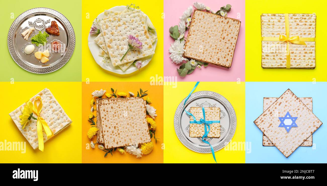 Collage with Jewish flatbread matza, Passover Seder plates and flowers ...