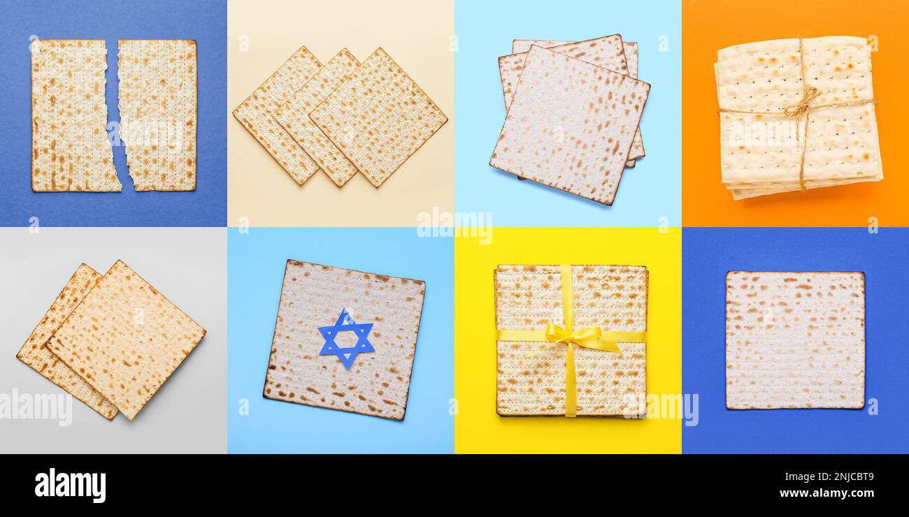 Collage with Jewish flatbread matza on color background Stock Photo - Alamy