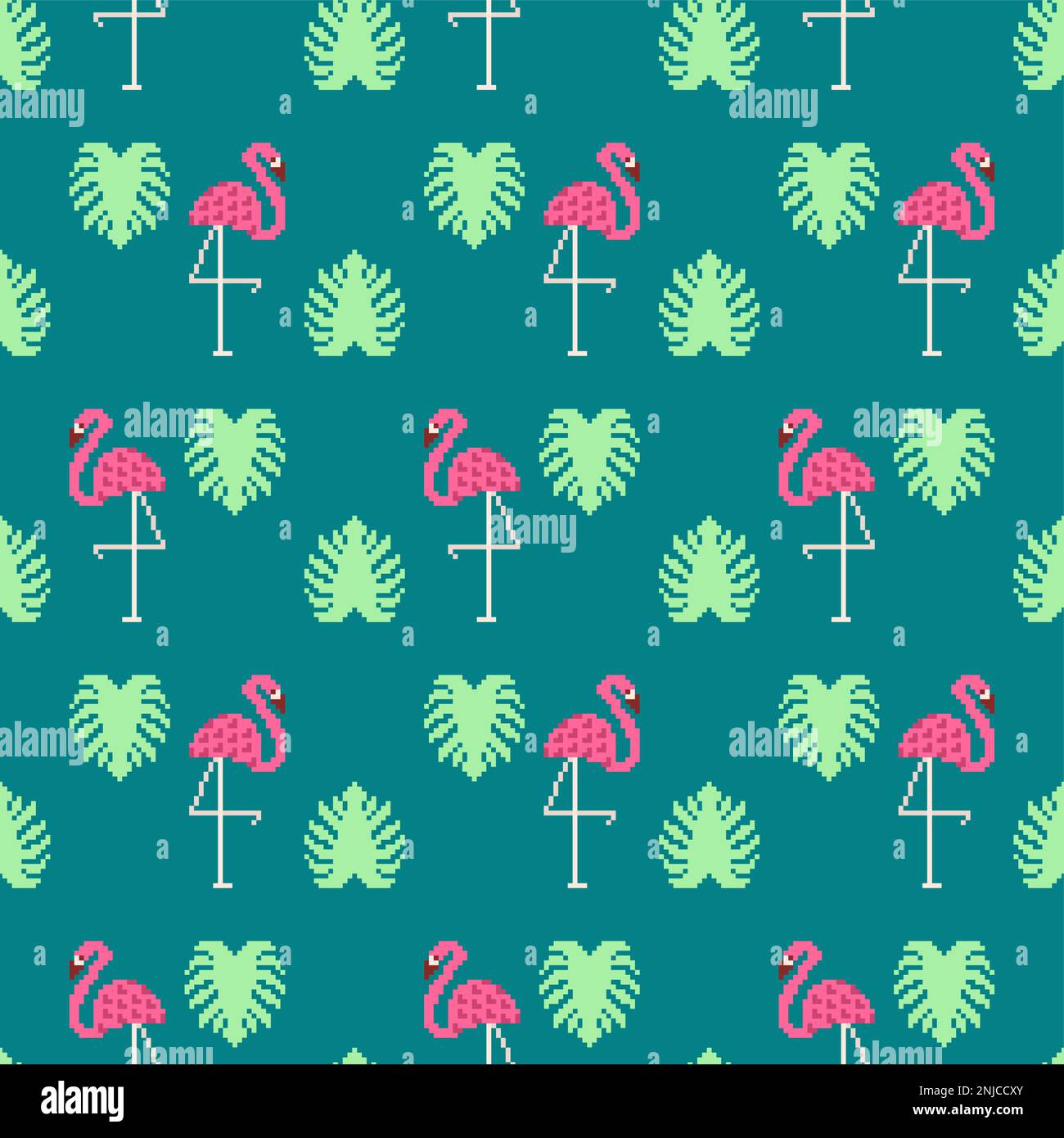 Pink flamingo pixel art pattern seamless. 8 bit water bird with pale ...