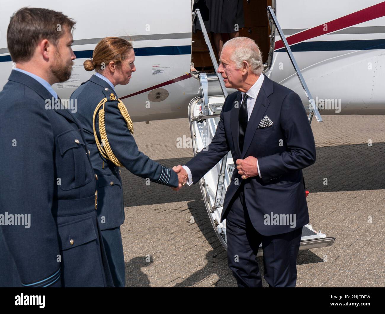 Britain's King Charles III is welcomed by Station Commander Group ...