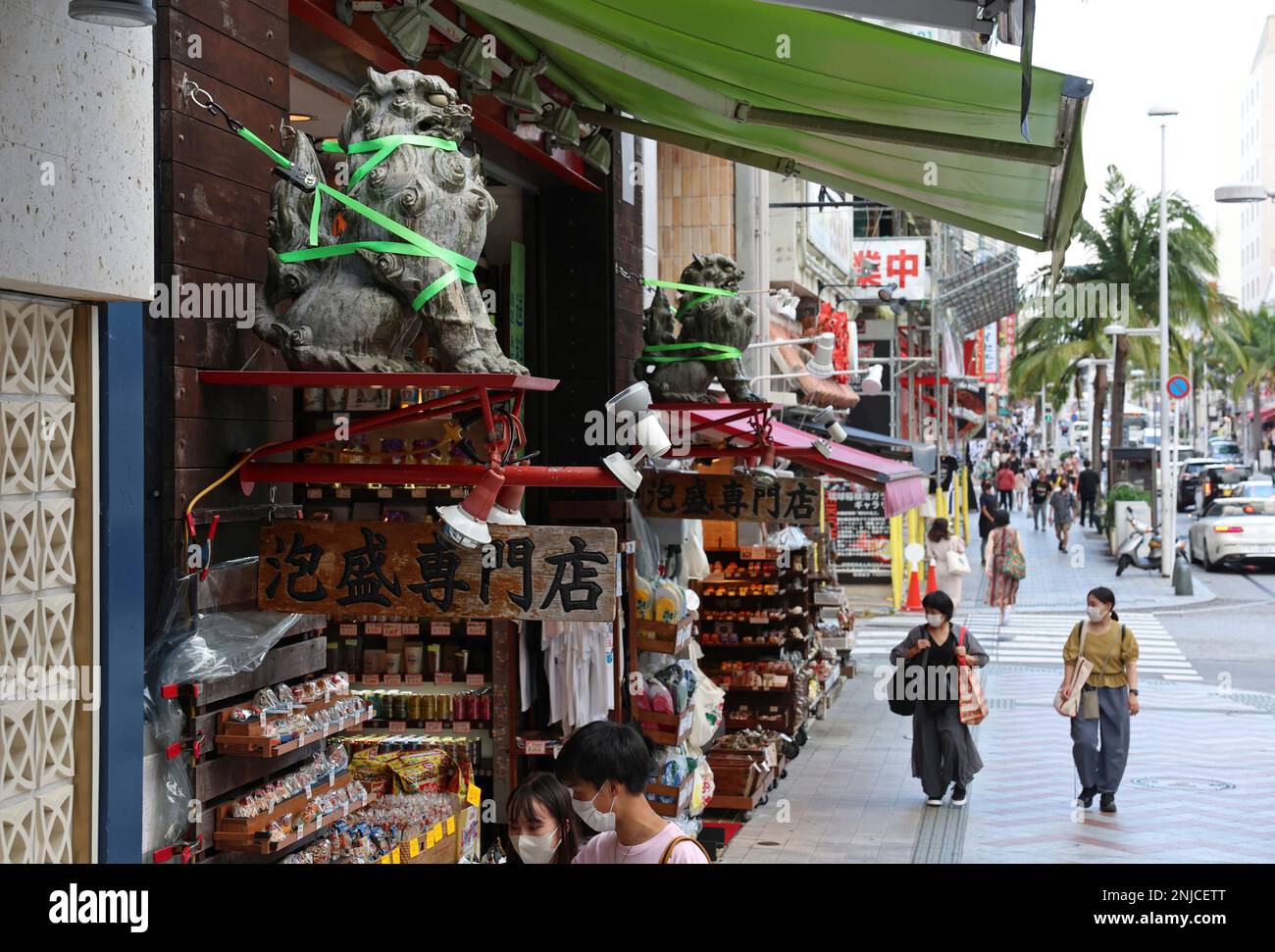 A statue of Shisa, an Okinawan guardian lion, is tighten with bands in ...