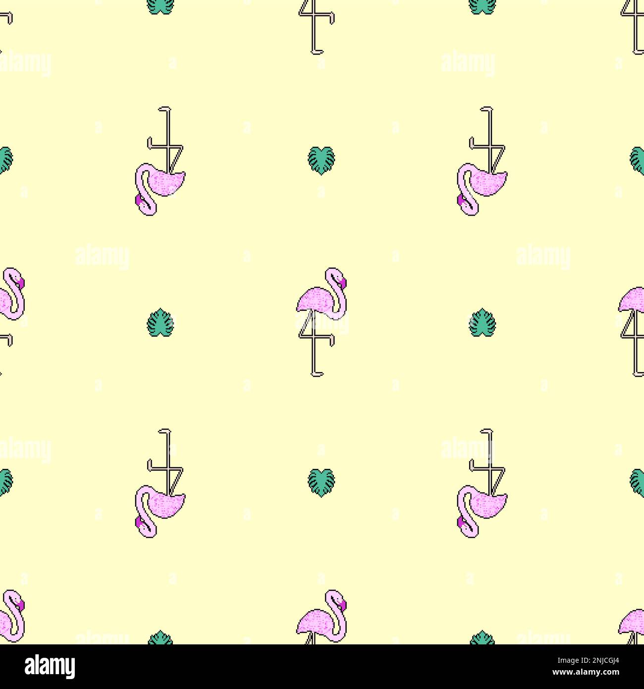 Pink flamingo pixel art pattern seamless. 8 bit water bird with pale ...