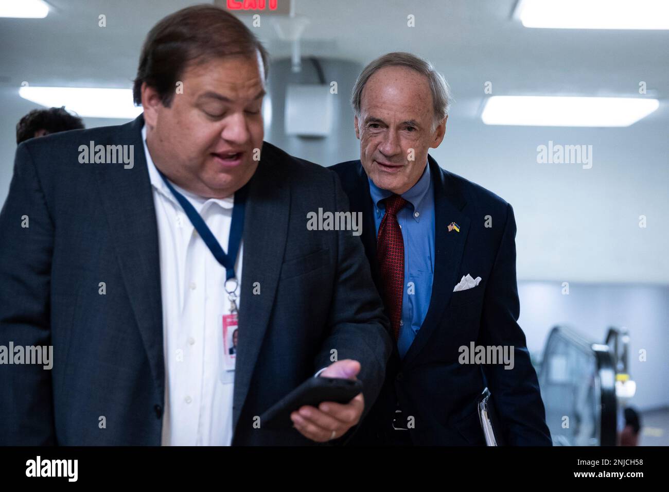 Sen. Tom Carper (D-Del.) speaks with a reporter at the U.S. Capitol ...
