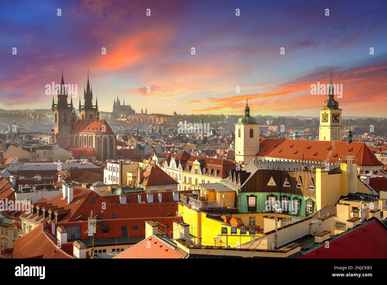 Cityscape of Prague with medieval towers and colorful buildings, Czech ...