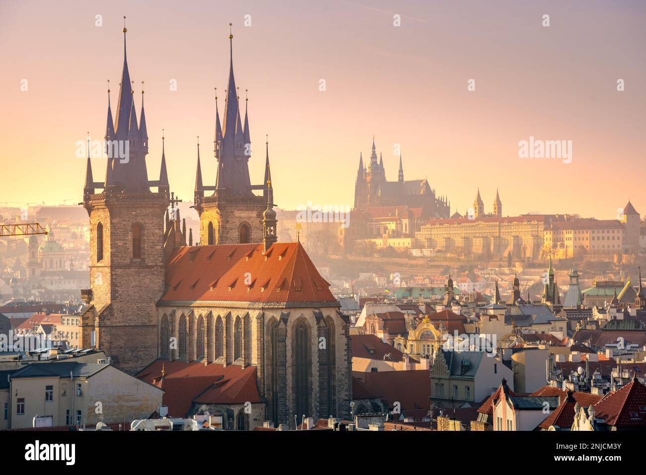 Cityscape of Prague with medieval towers and colorful buildings, Czech ...