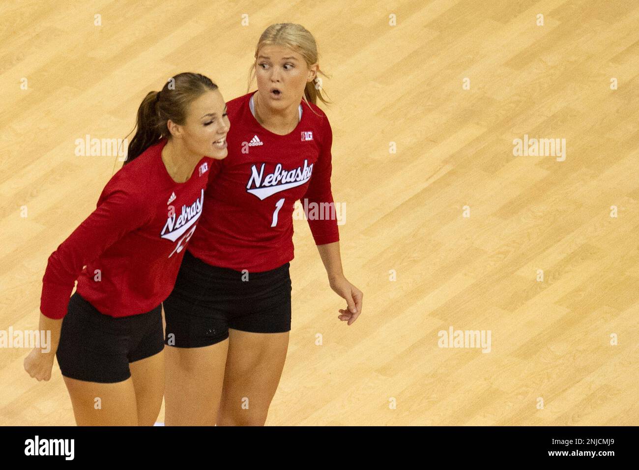 Nebraska's Nicklin Hames (1) reacts during an NCAA Volleyball match ...