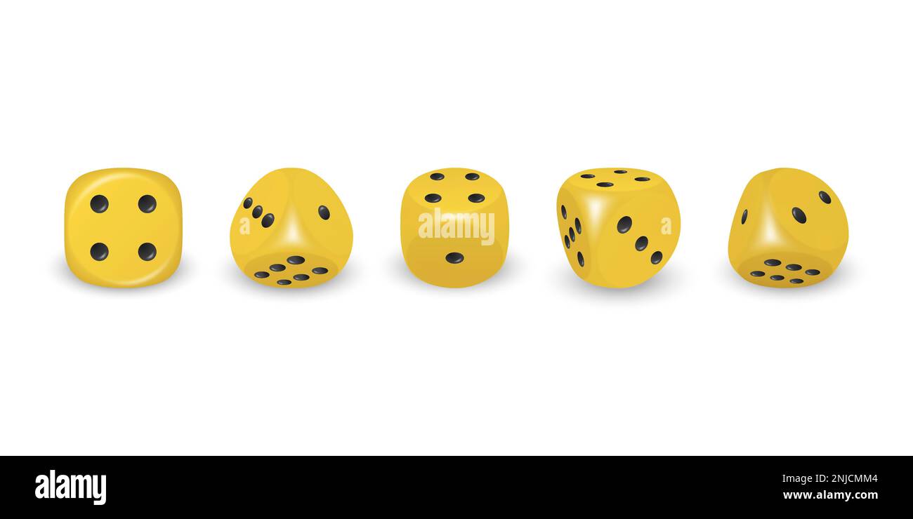 Vector 3d Realistic Yellow Game Dice With Black Dots Icon Set Closeup Isolated On White 