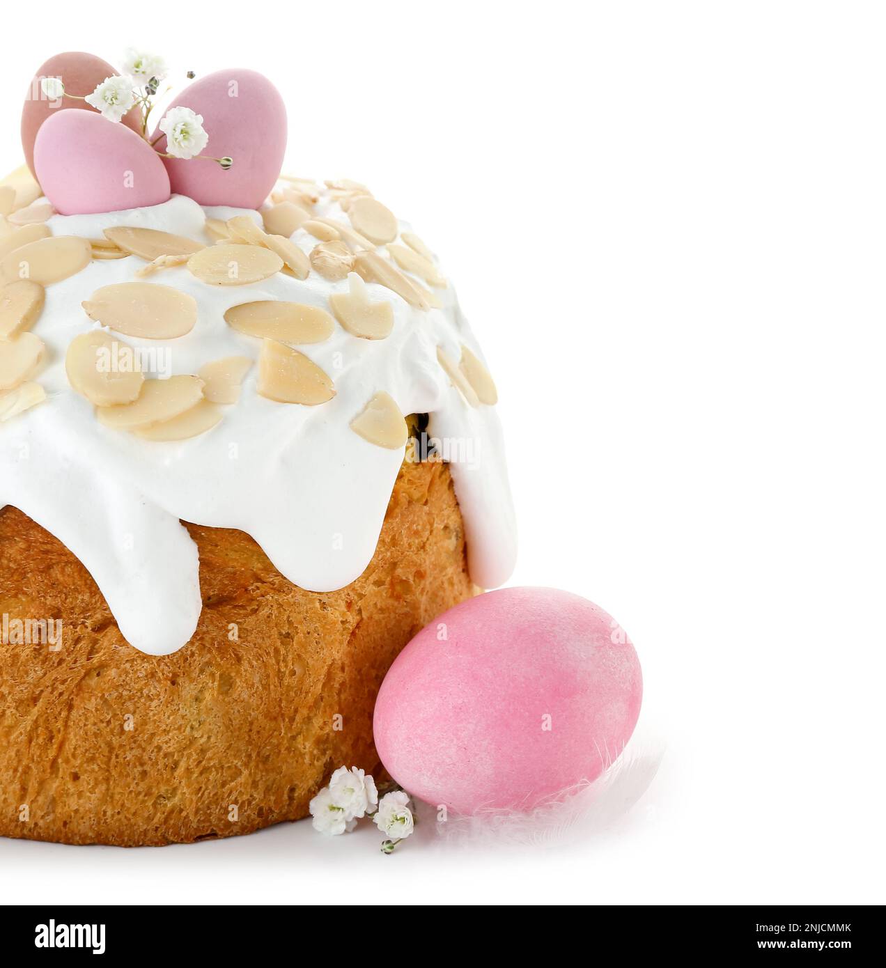Easter cake, painted eggs and gypsophila flowers isolated on white ...