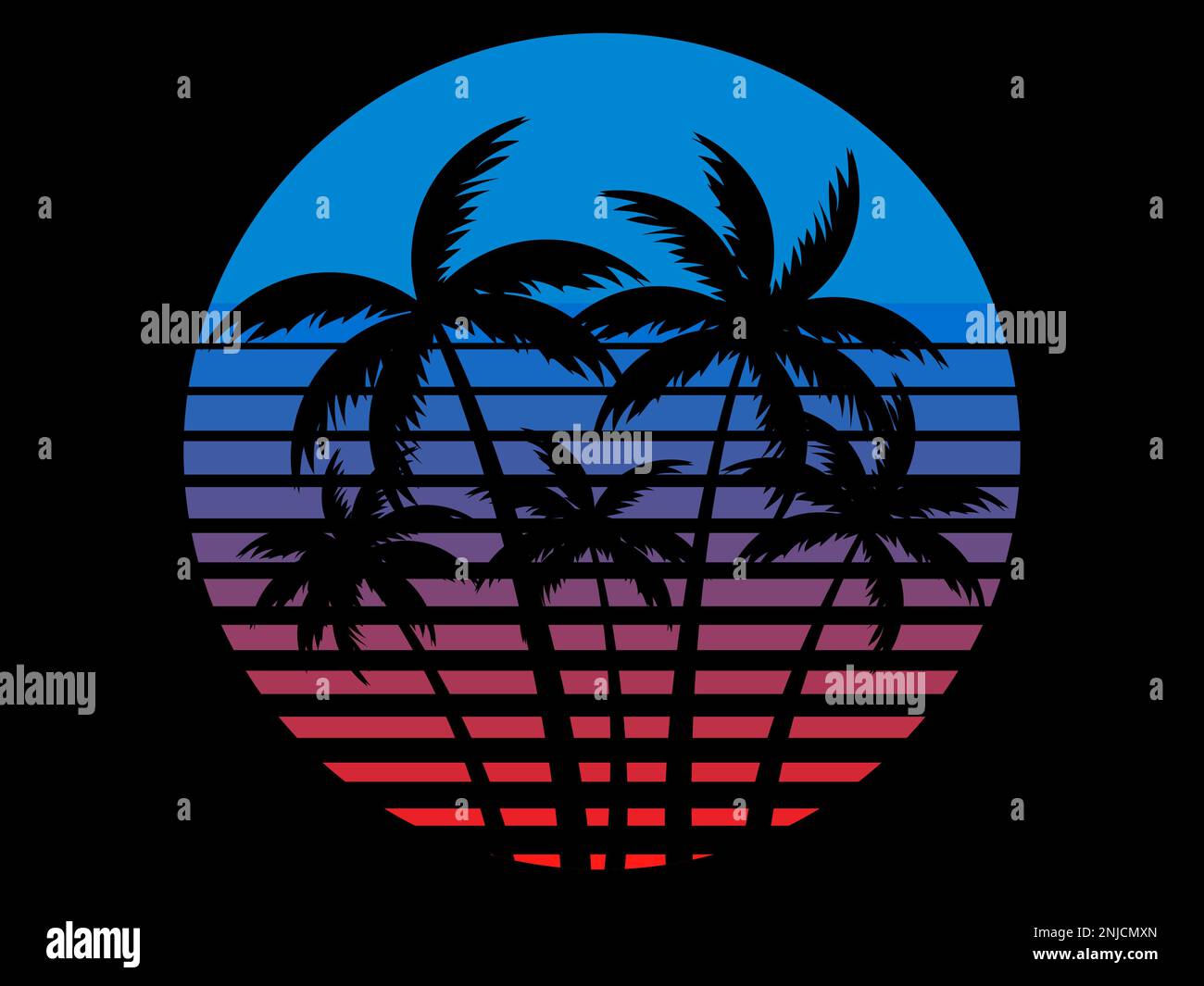 Tropical palm trees at sunset in a futuristic 80s style. Summer time ...
