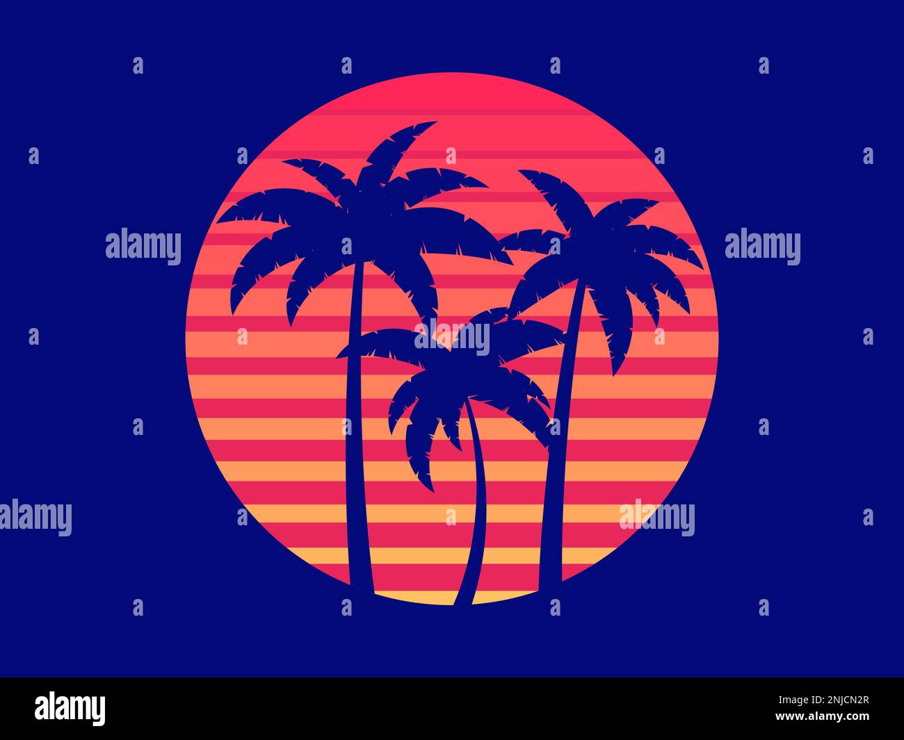 Tropical palm trees at sunset in a futuristic 80s style. Summer time ...