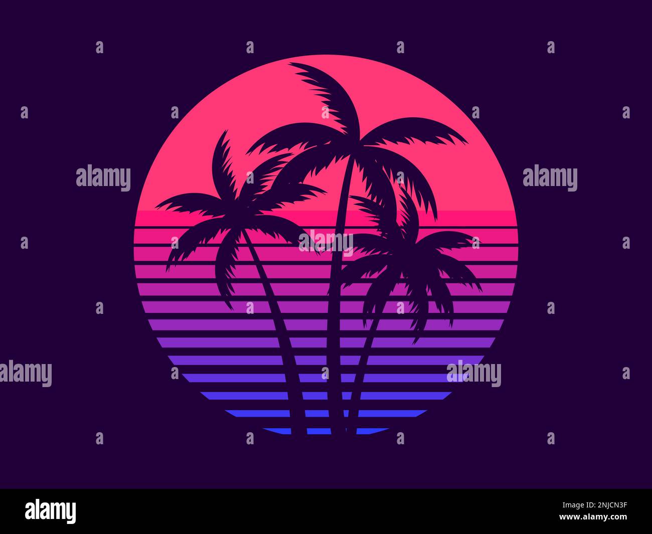Tropical palm trees at sunset in a futuristic 80s style. Summer time ...
