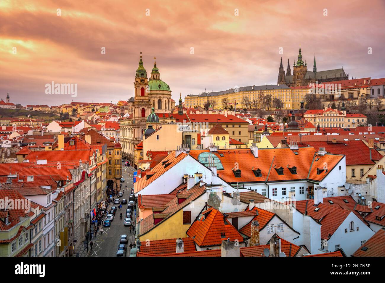 Cityscape of Prague with medieval towers and colorful buildings, Czech ...