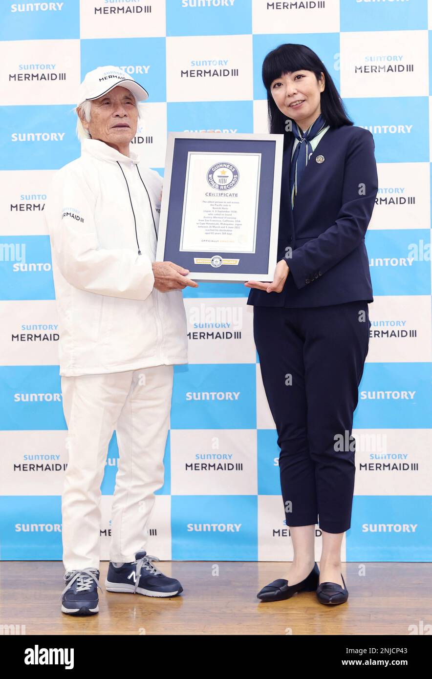 Japanese solo yachtsman Kenichi Horie holds a certificate of Guinness ...