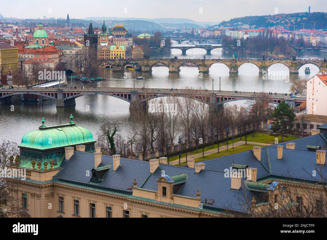 Cityscape of Prague with medieval towers and colorful buildings, Czech ...