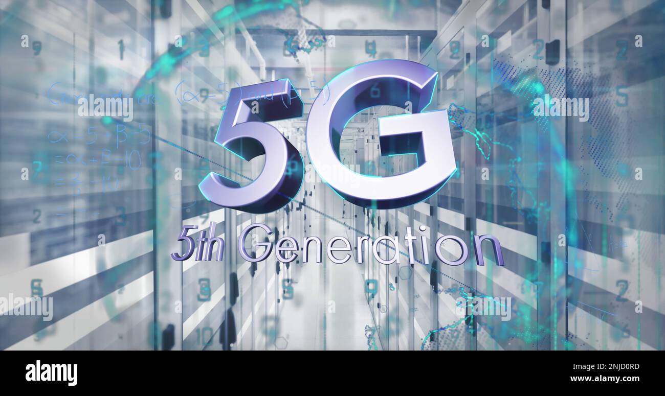 Composition of 5g 5th generation text and data processing over server room Stock Photo - Alamy