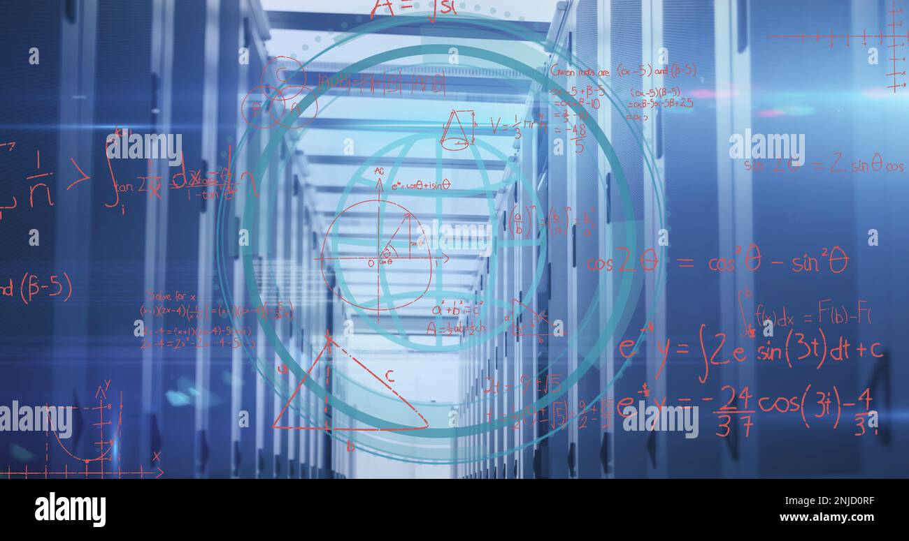 Composition of scope scanning with icon and mathematical equations over server room Stock Photo ...
