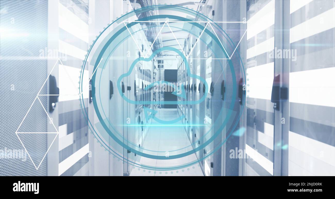 Composition of scope scanning with icon and shapes over server room Stock Photo - Alamy