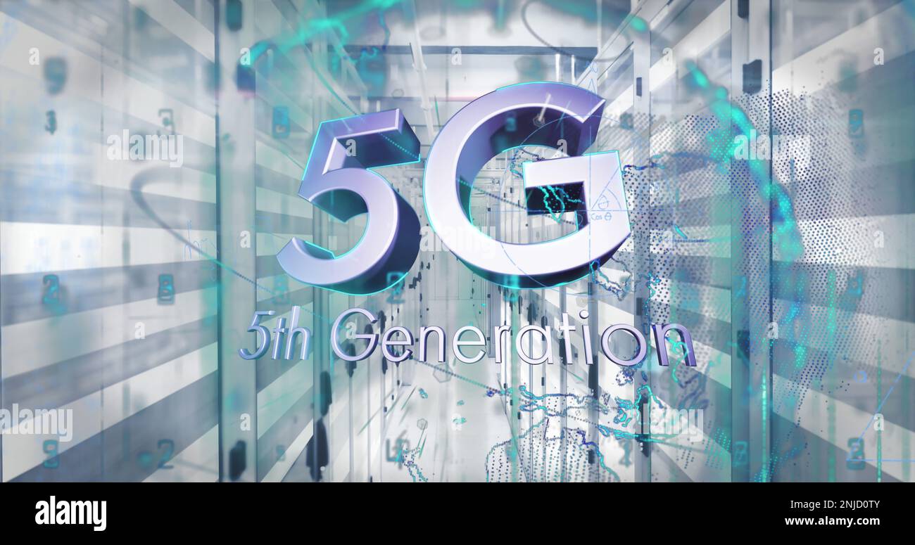 Composition of 5g 5th generation text and data processing over server room Stock Photo - Alamy