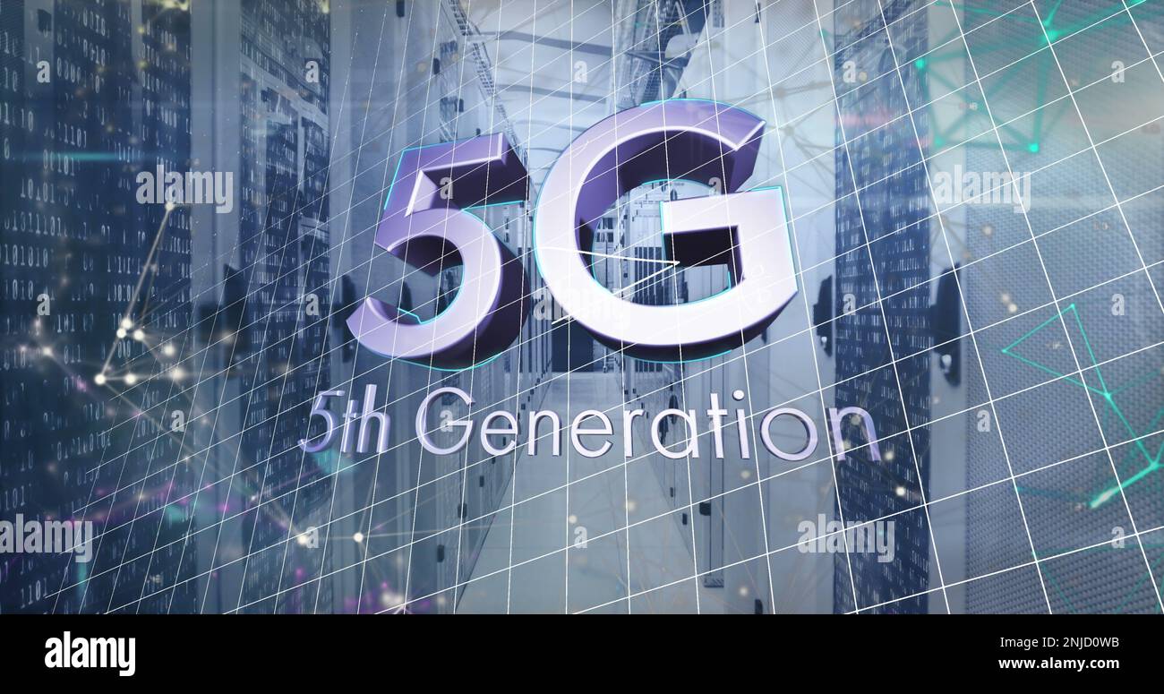 Composition of 5g 5th generation text and connections over server room ...