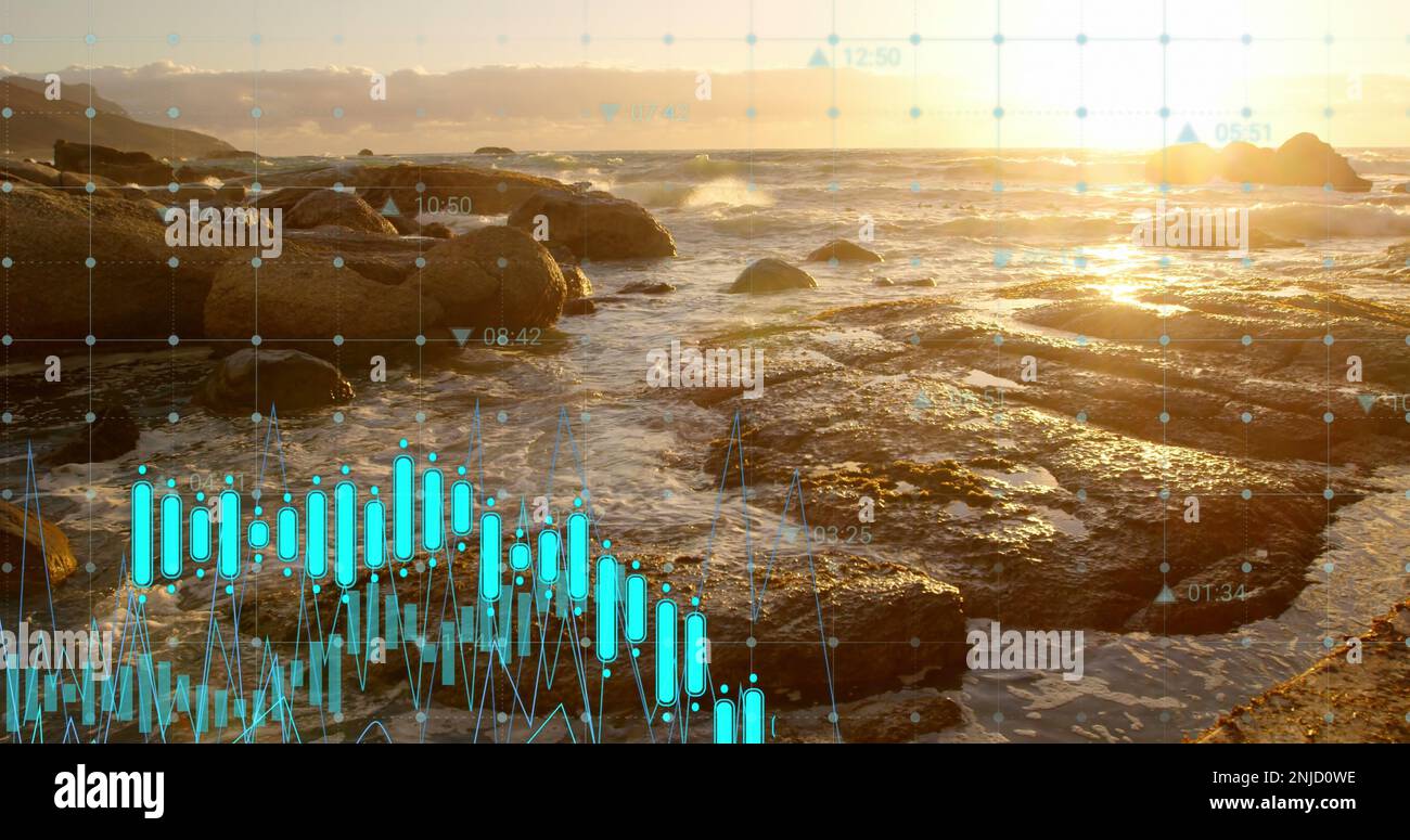 Image of digital screen with data processing over sun and landscape ...