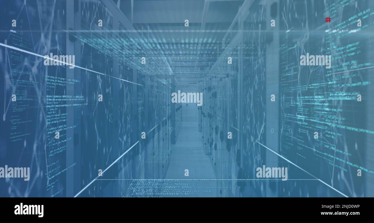 Composition of data processing over server room Stock Photo - Alamy
