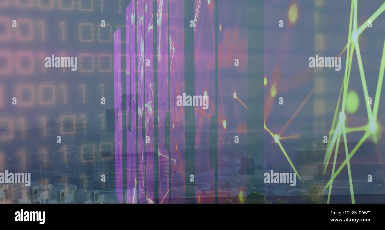 Image of binary coding and shapes over cityscape Stock Photo - Alamy