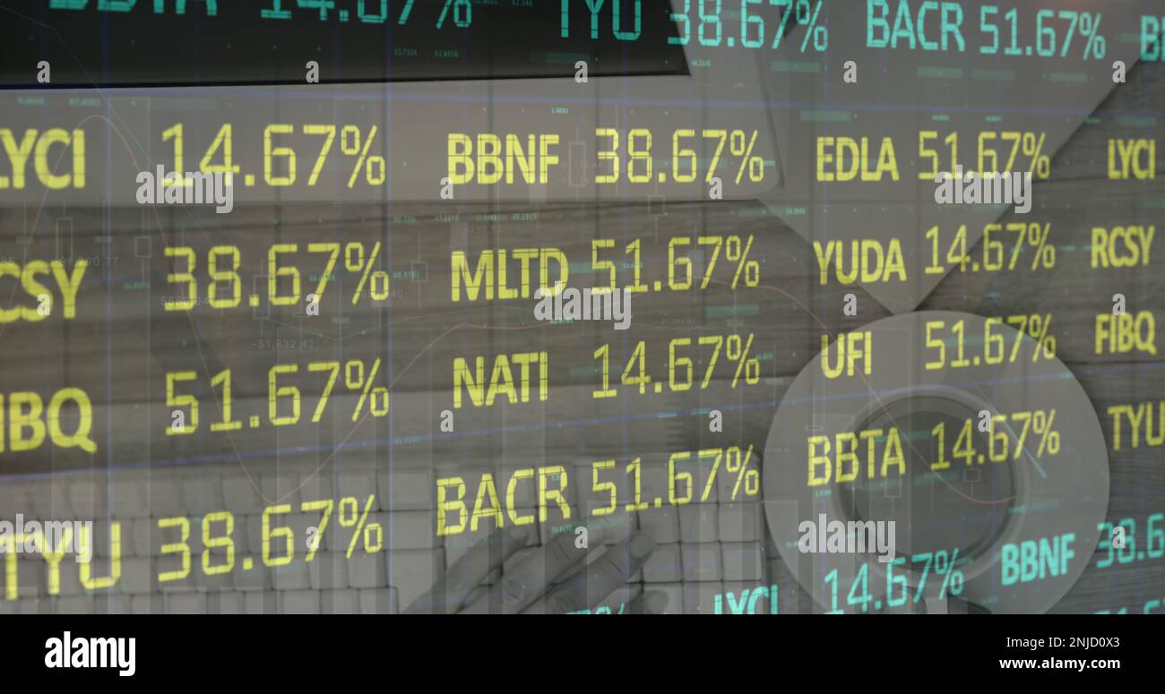 Image of data processing and stock market over hand using computer and ...