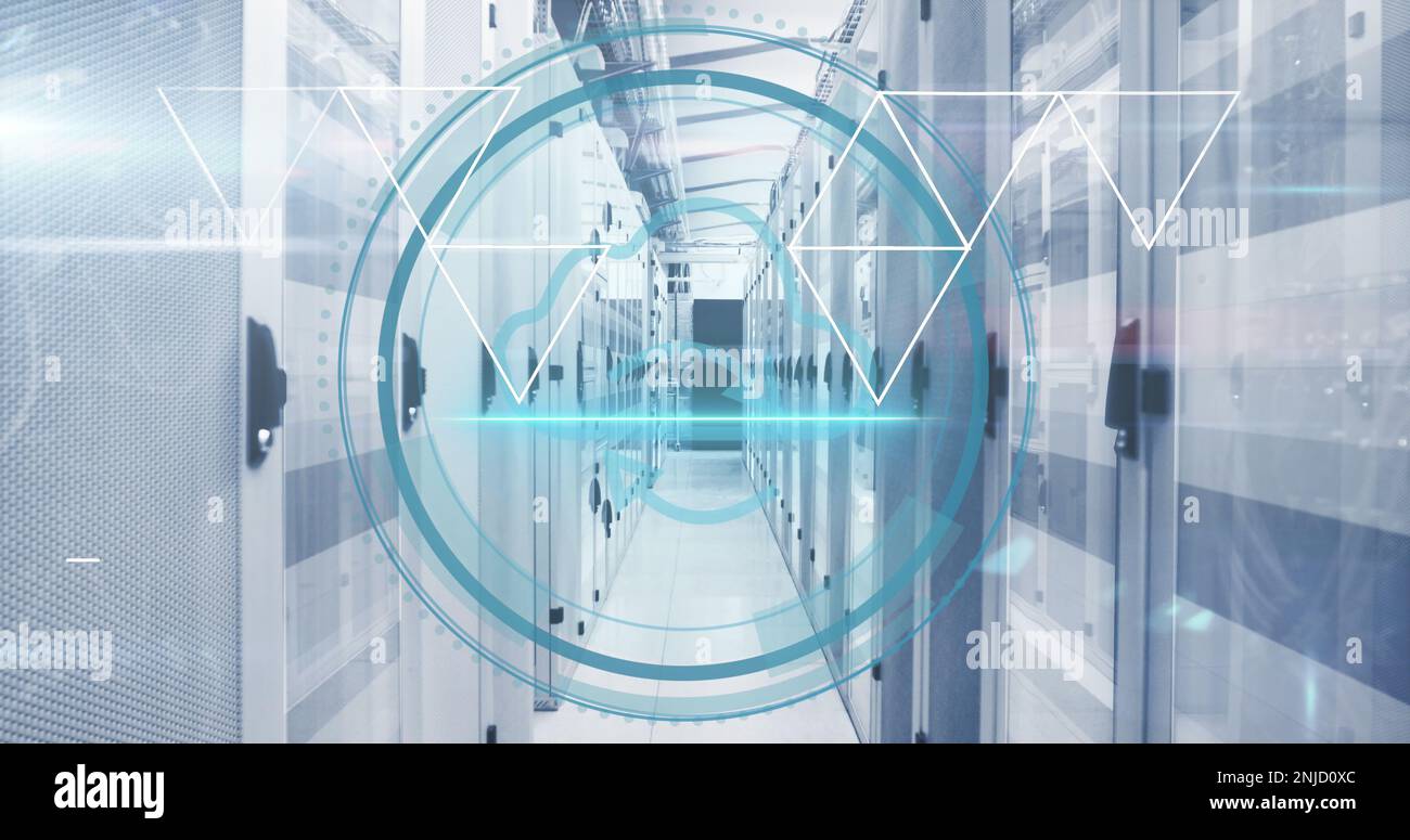 Composition of scope scanning with icon and shapes over server room Stock Photo - Alamy