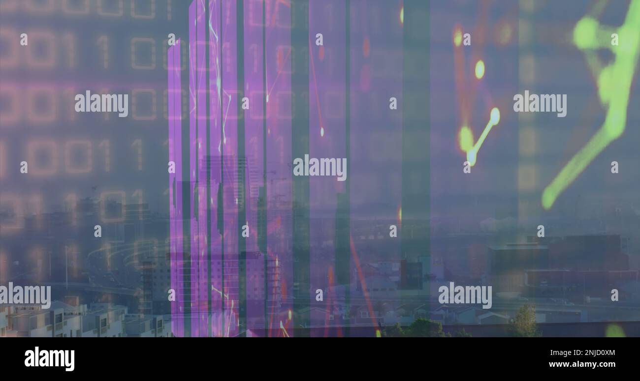 Image of binary coding and shapes over cityscape Stock Photo - Alamy