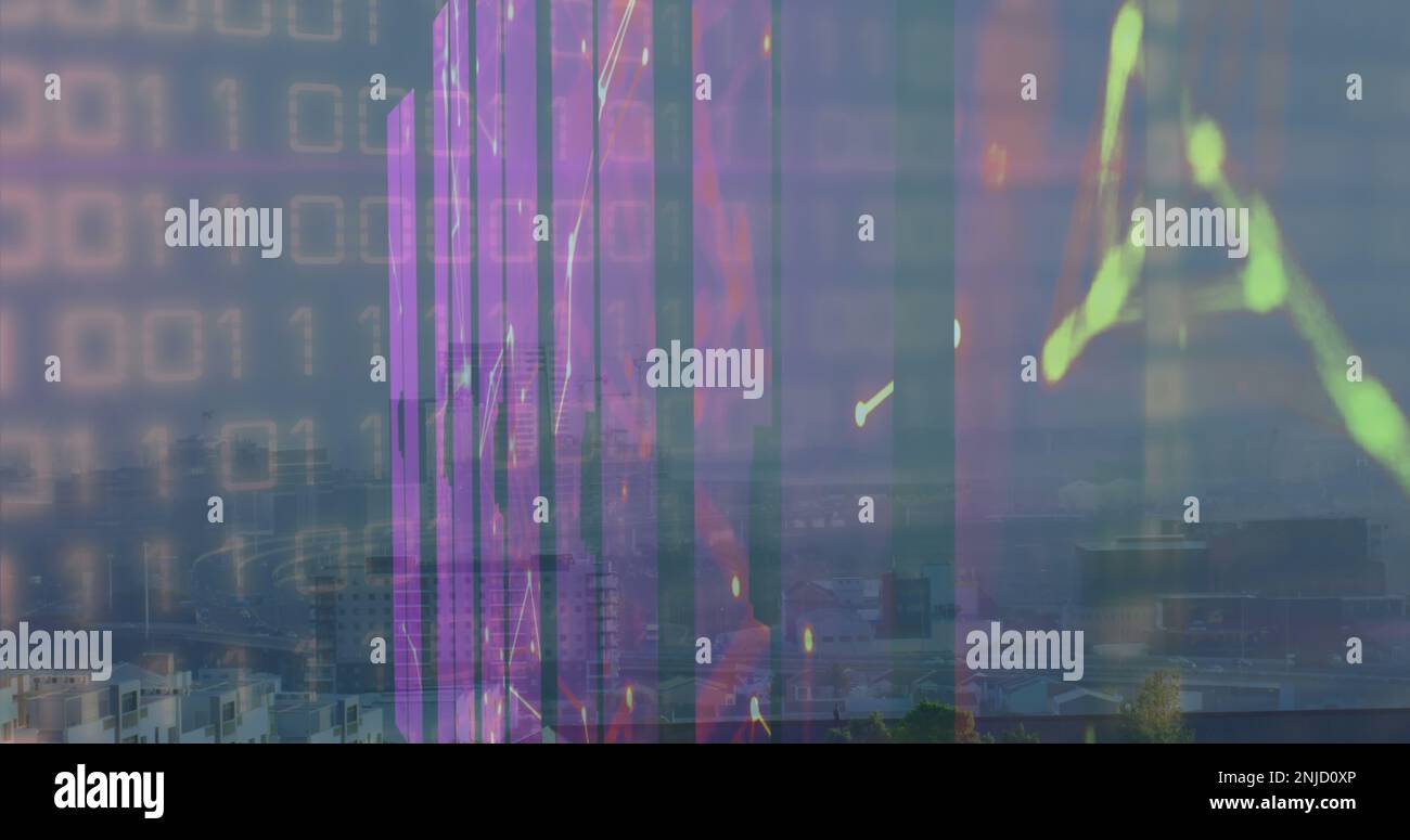 Image of binary coding and shapes over cityscape Stock Photo - Alamy
