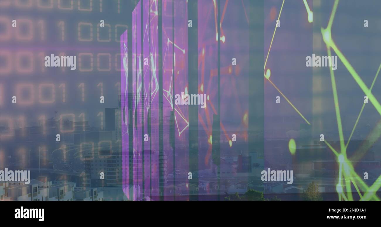 Image of binary coding and shapes over cityscape Stock Photo - Alamy
