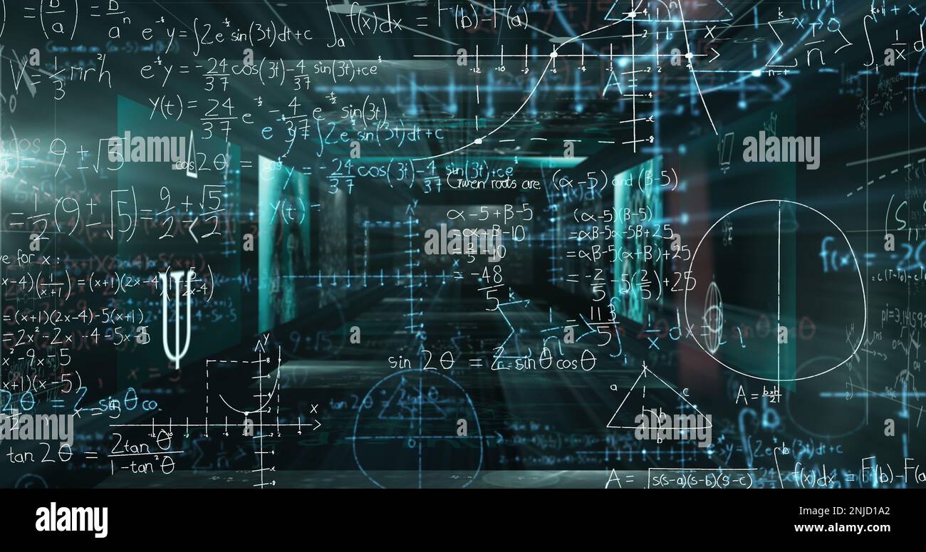 Image of mathematical equations and digital screens over black ...