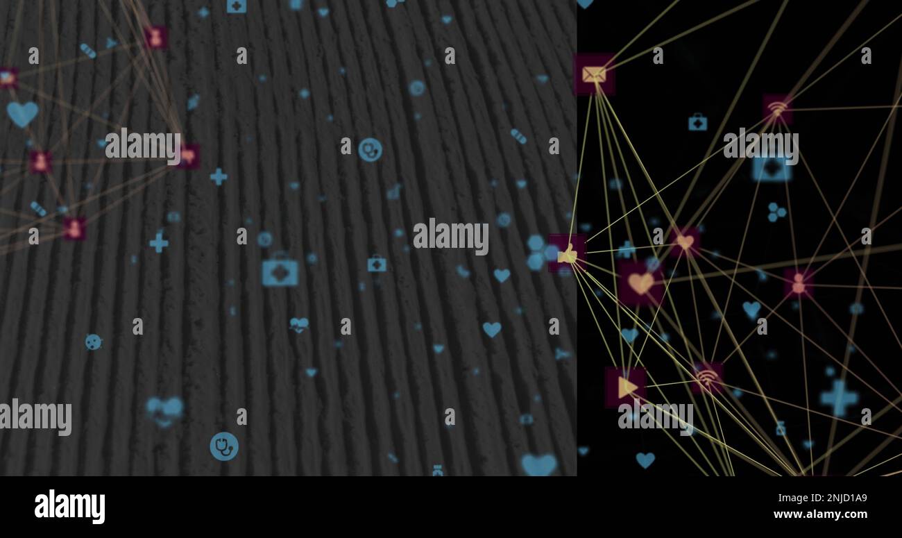 Image of medical and media icons with shapes over network of ...
