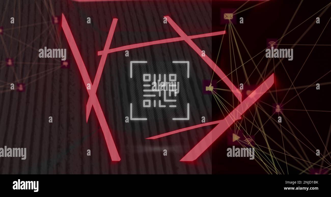 Image of qr code and shapes over network of connections Stock Photo - Alamy