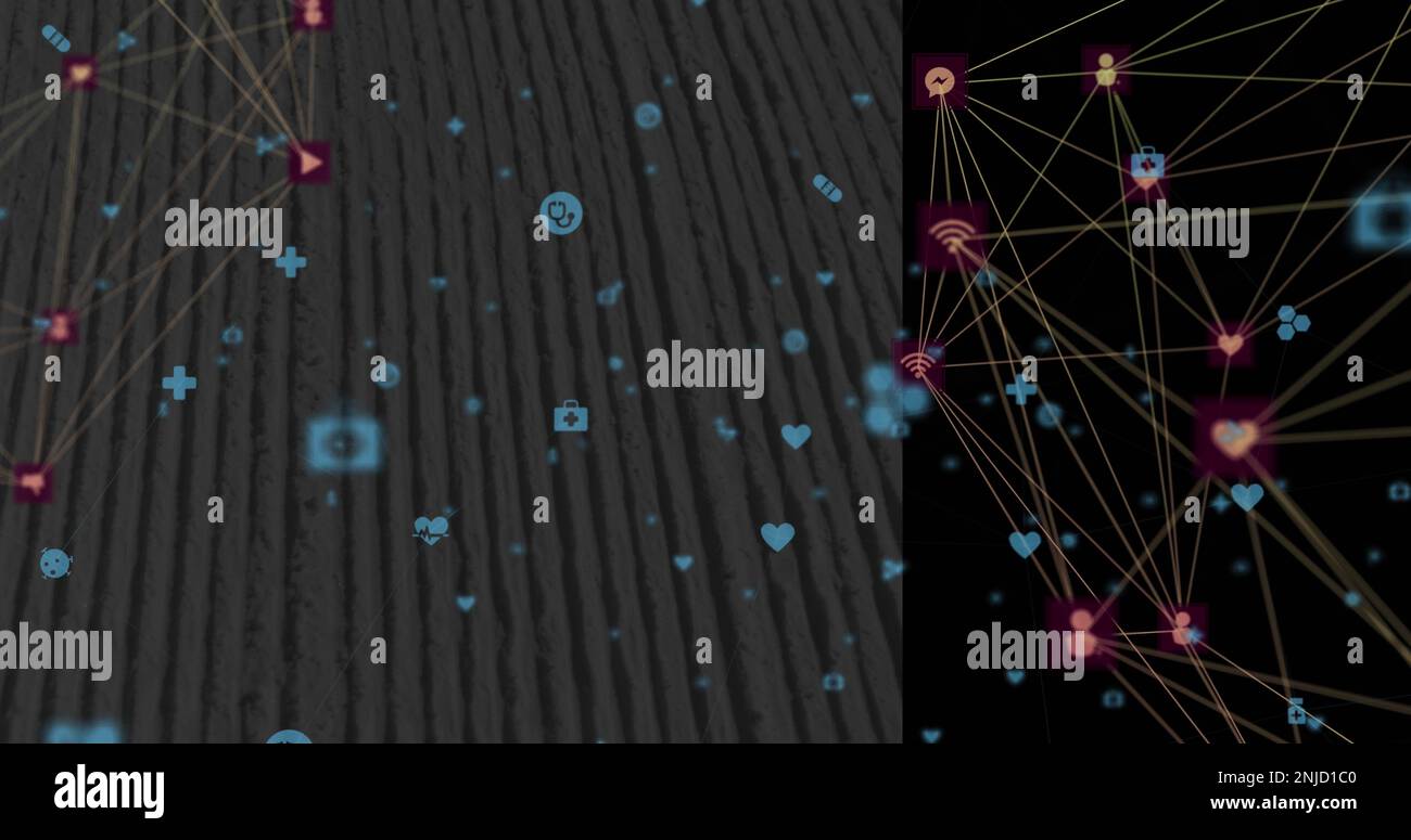 Image of medical and media icons with shapes over network of ...